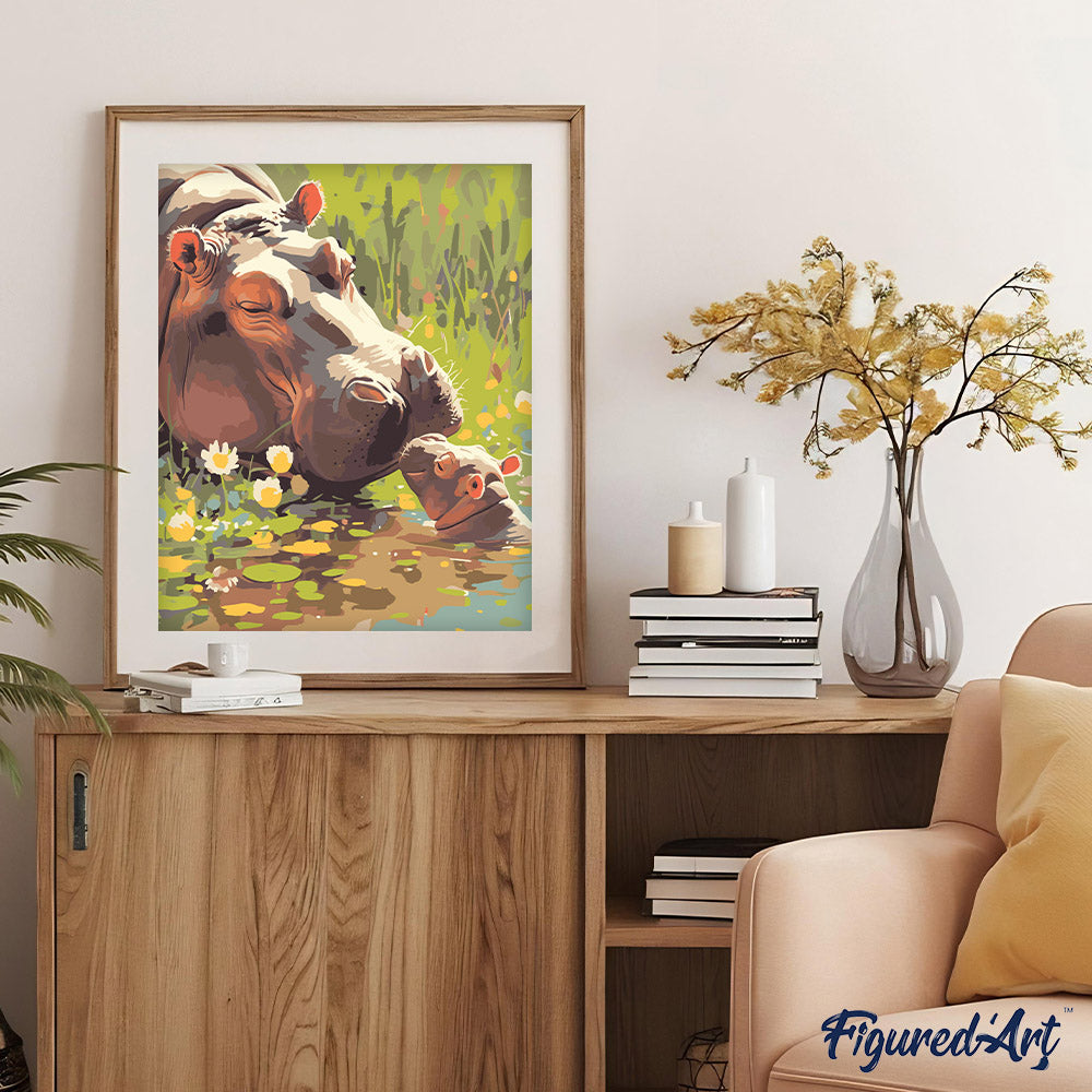Schilderen op Nummer - Baby Nijlpaard die Mama Kust – Figured'Art